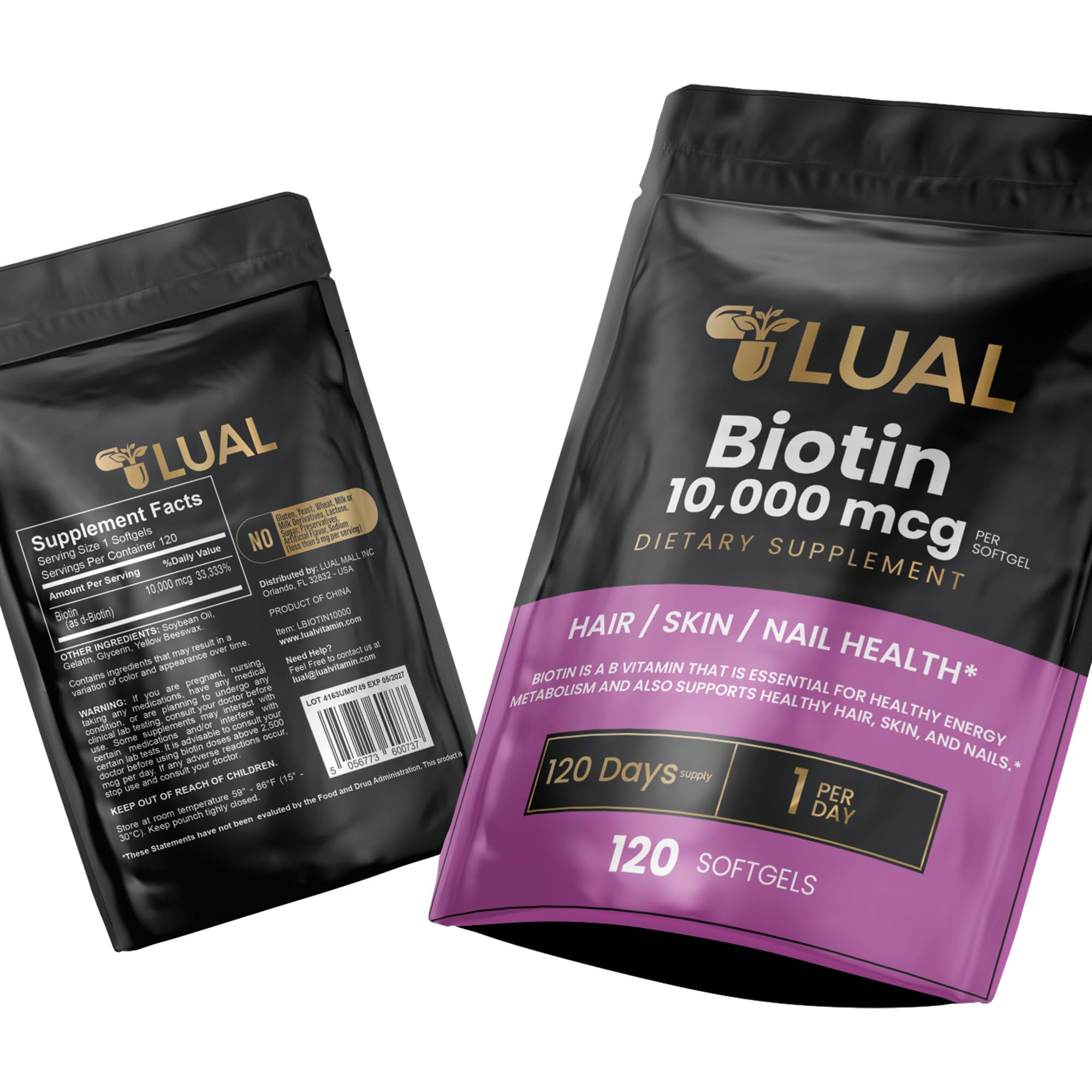 LUAL Biotin 10,000 mcg Hair Skin and Nails Biotin Hair/Skin/Nail Health ...