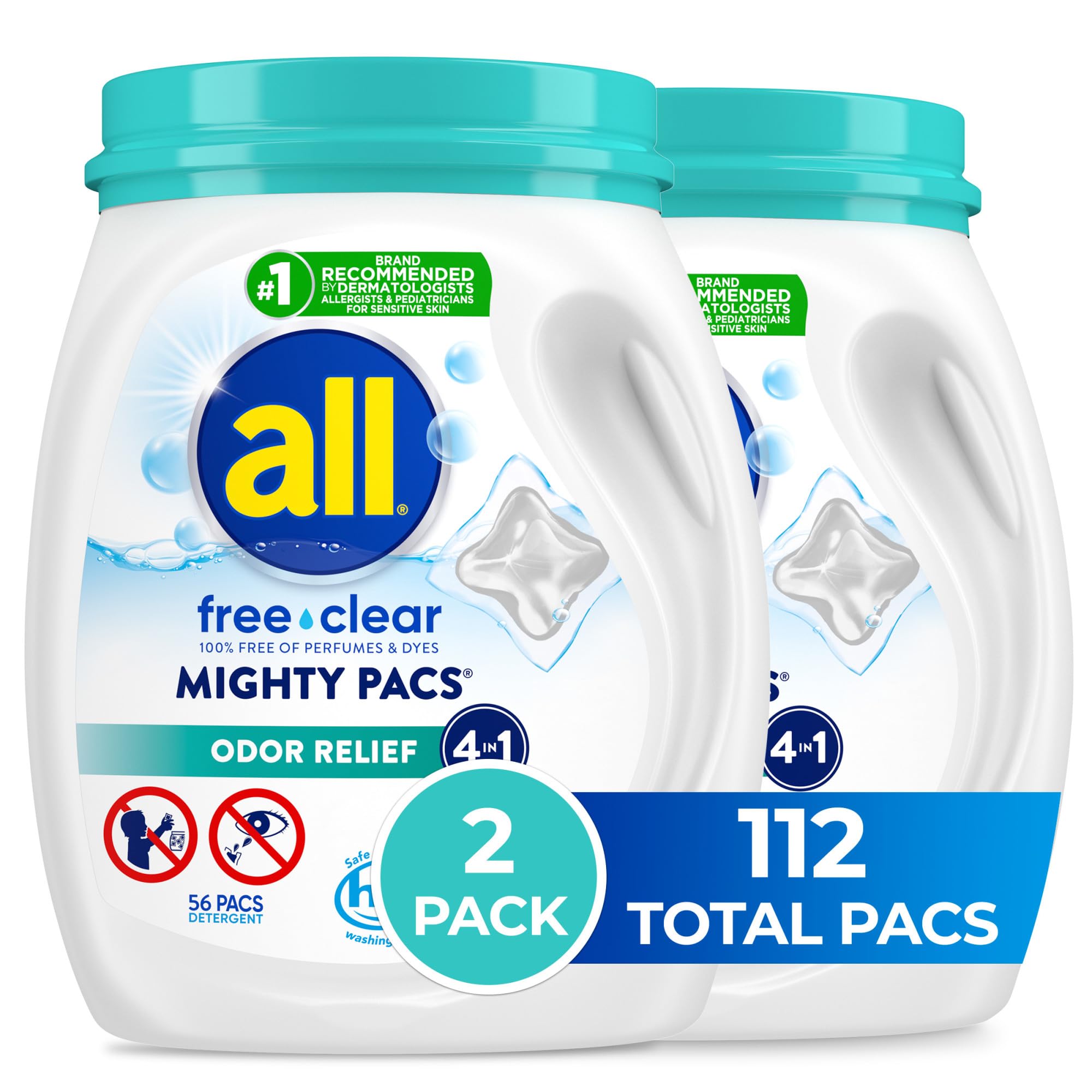 All Mighty Pacs Laundry Detergent, Free Clear Odor Relief, Tub, 56 ...