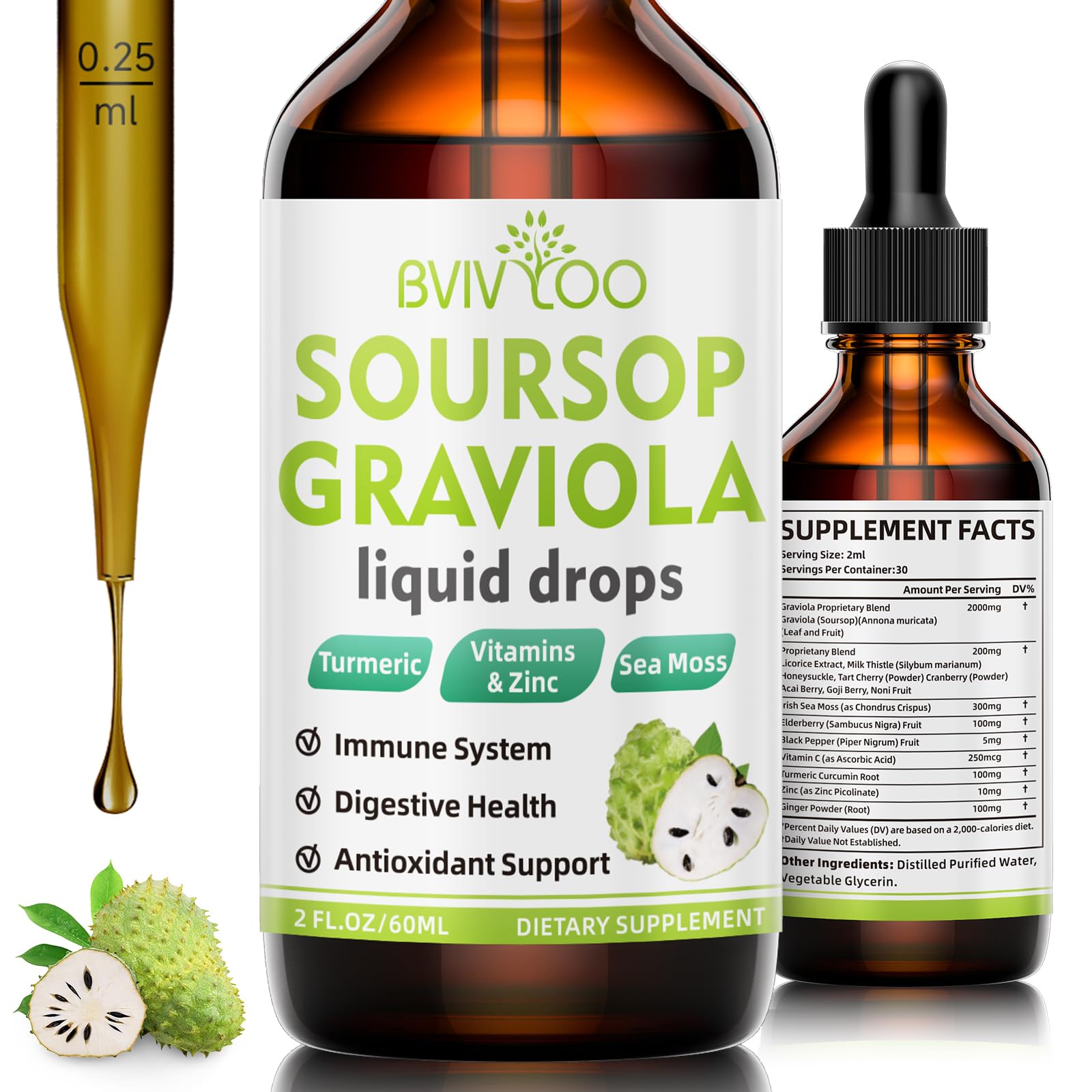 Soursop Graviola Liquid Drops - 2000mg Pure Soursop Extract Blended ...