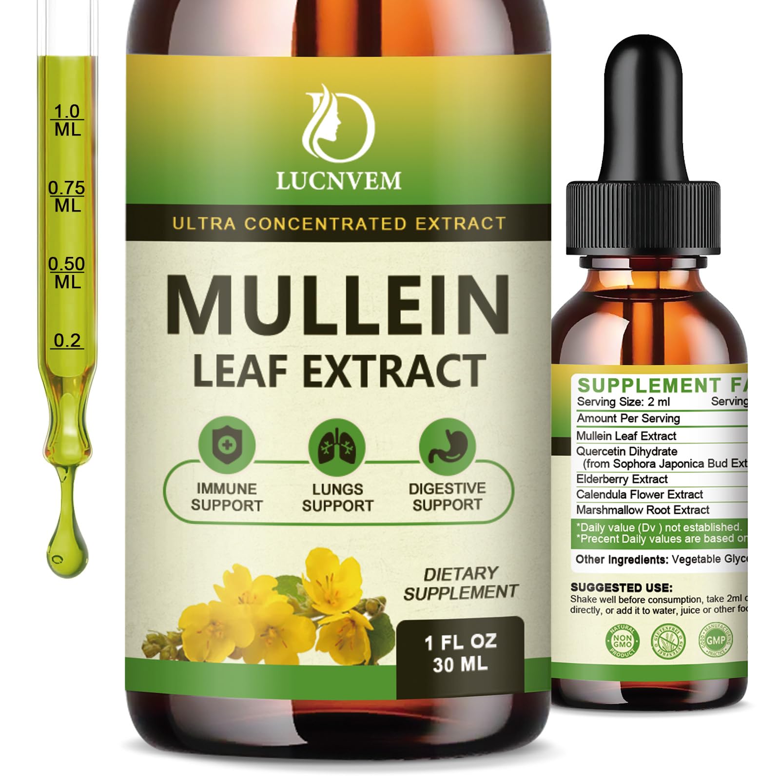 (2 Pack) 98% Absorption Mullein Drops for Lungs, Powerful 5 in 1 ...