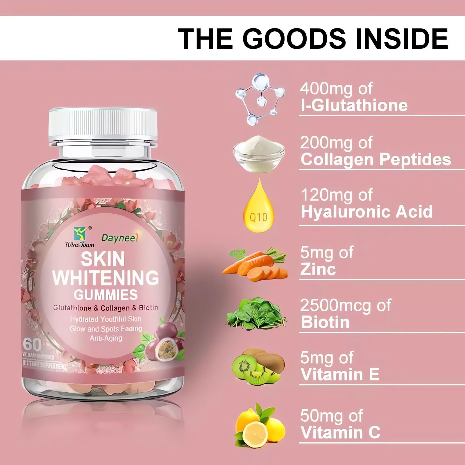Skin Whitening Gummies, with Glutathione, Collagen and Bioth, Hydrated ...