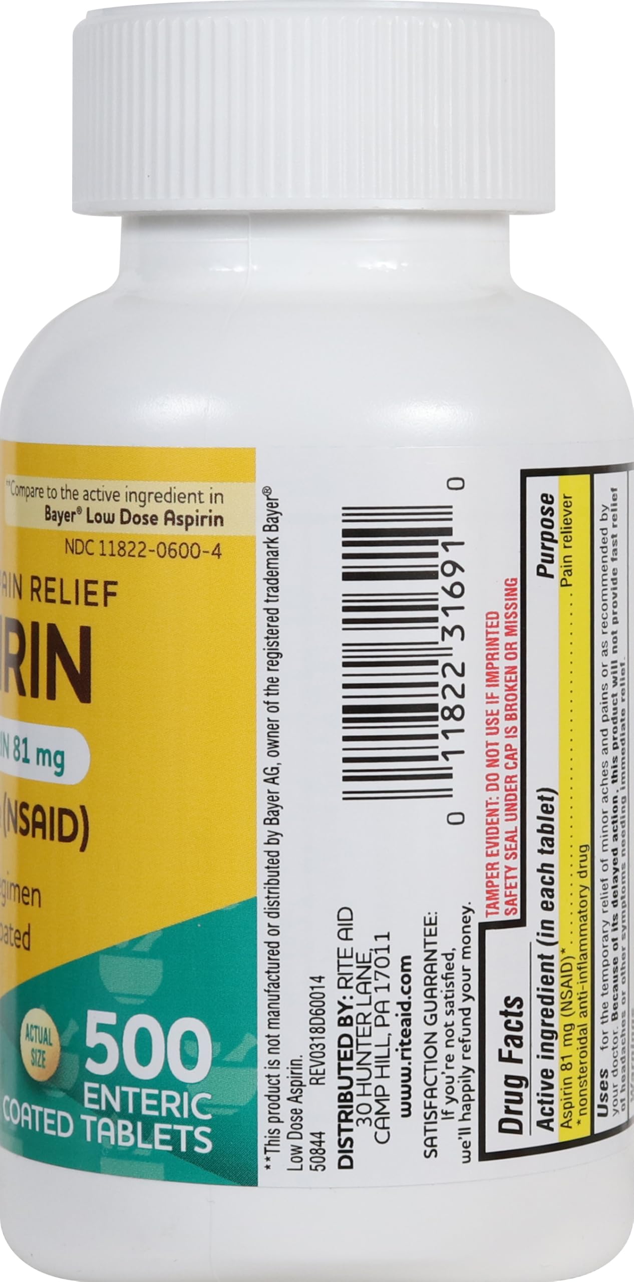 Rite Aid Aspirin Enteric Tablets - 81 mg Aspirin - 500 Count - Low-Dose ...