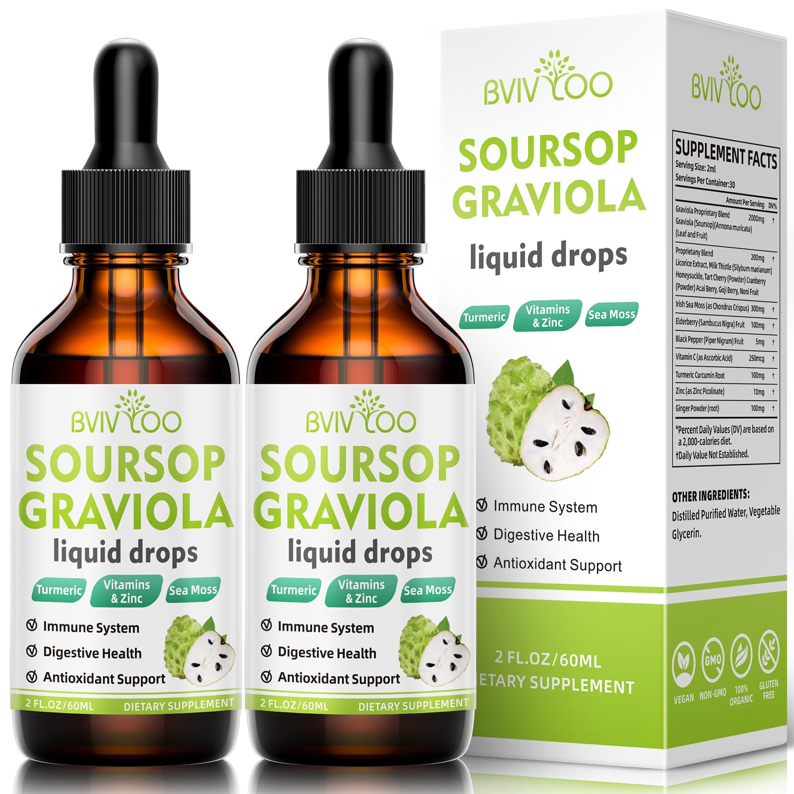 2 Pack Soursop Graviola Liquid Drops - 2000mg Pure Soursop Extract ...