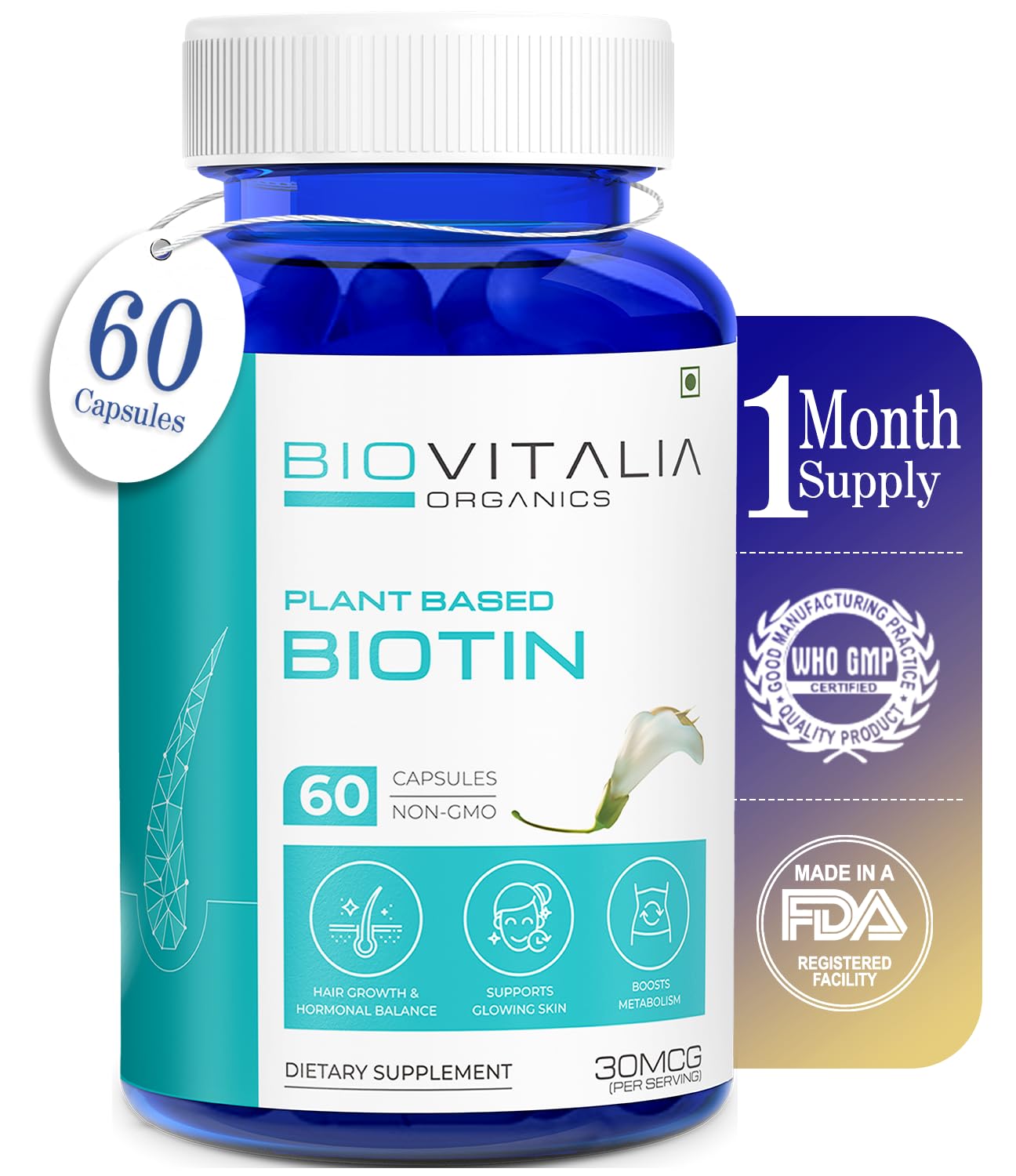 Plant Based Pure Biotin Supplement Capsules- Support Stronger Nails ...