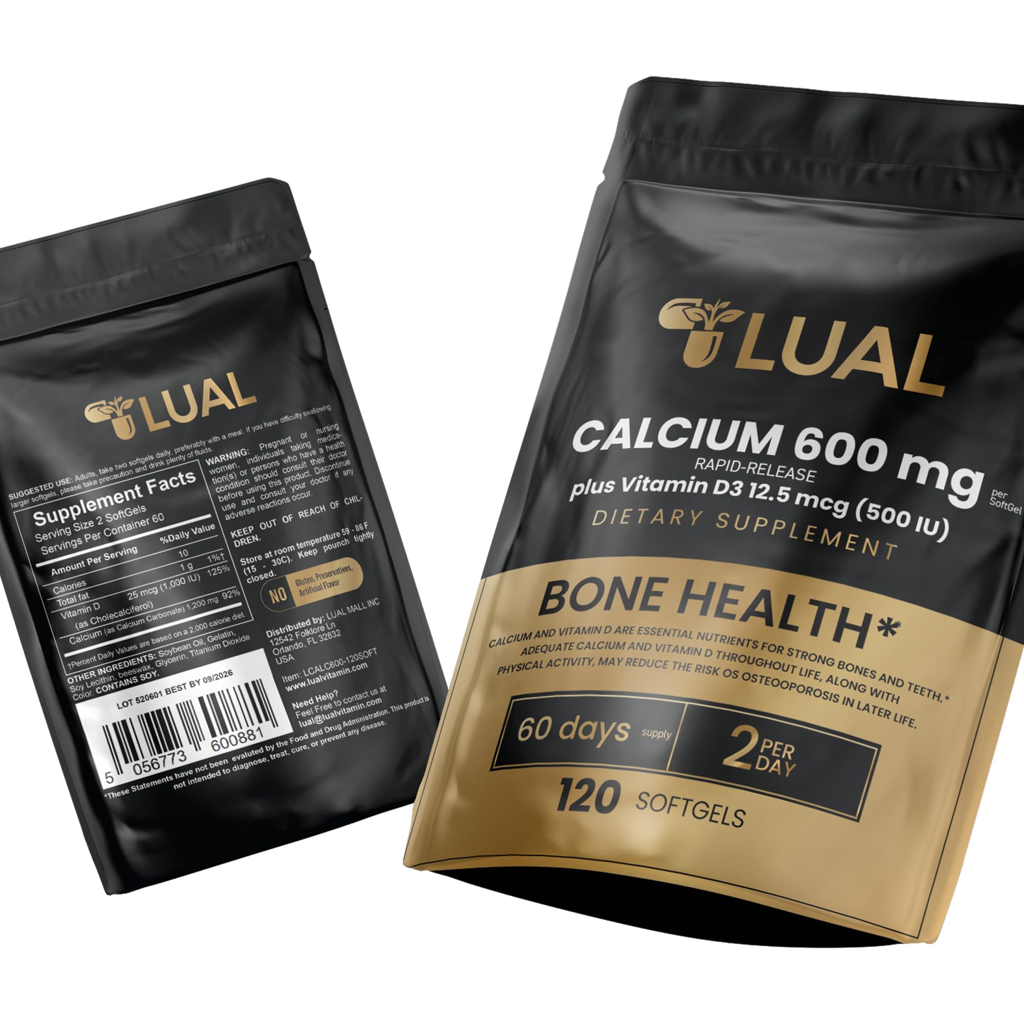 LUAL Calcium 600 mg with Vitamin D3 Softgels Rapid-Release Calcium 600 ...