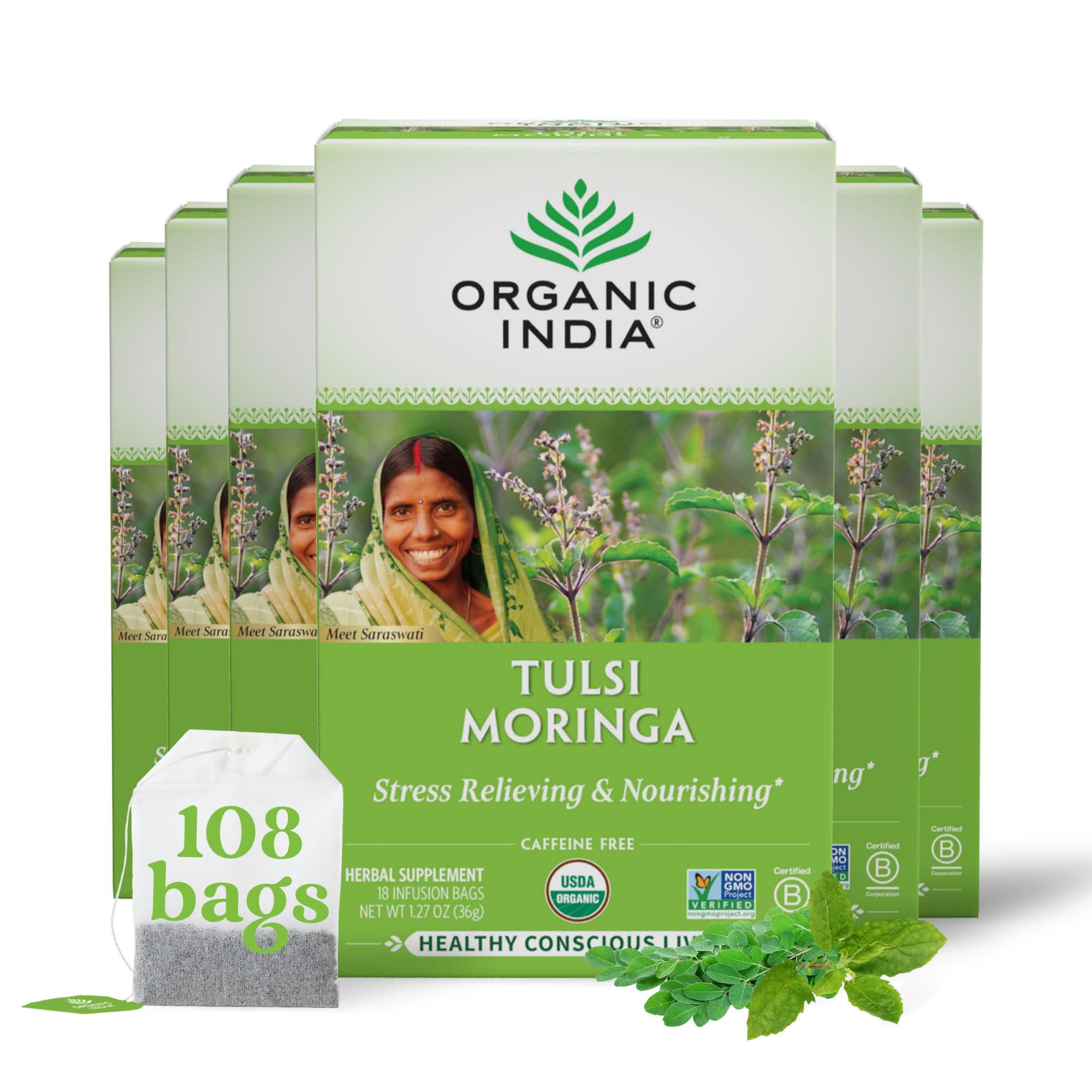 ORGANIC INDIA Tulsi Moringa Tea Bags - Holy Basil, Lemongrass, Moringa ...