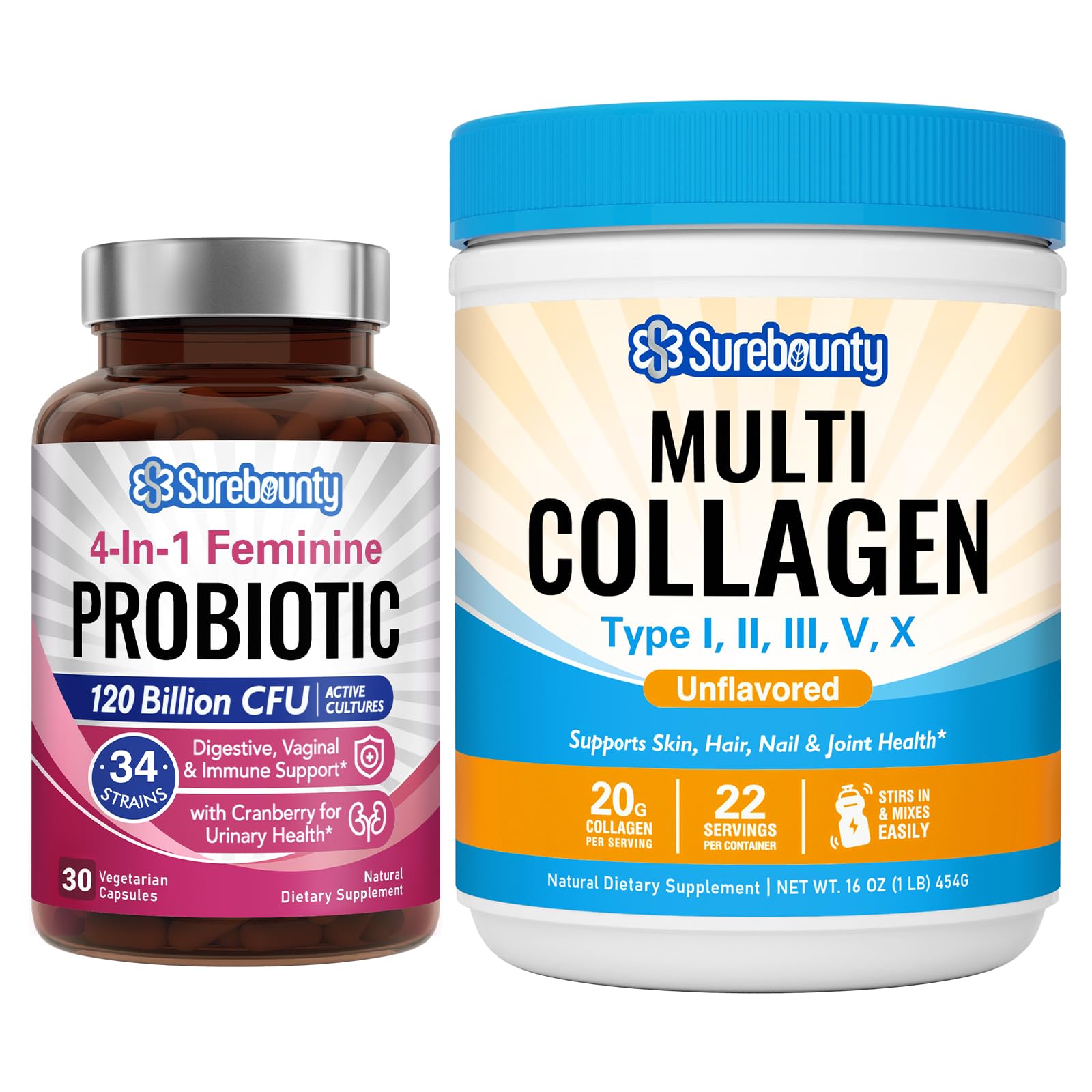 Probiotic & Collagen Bundle, 4-in-1 Feminine Probiotic (30ct) & Multi ...