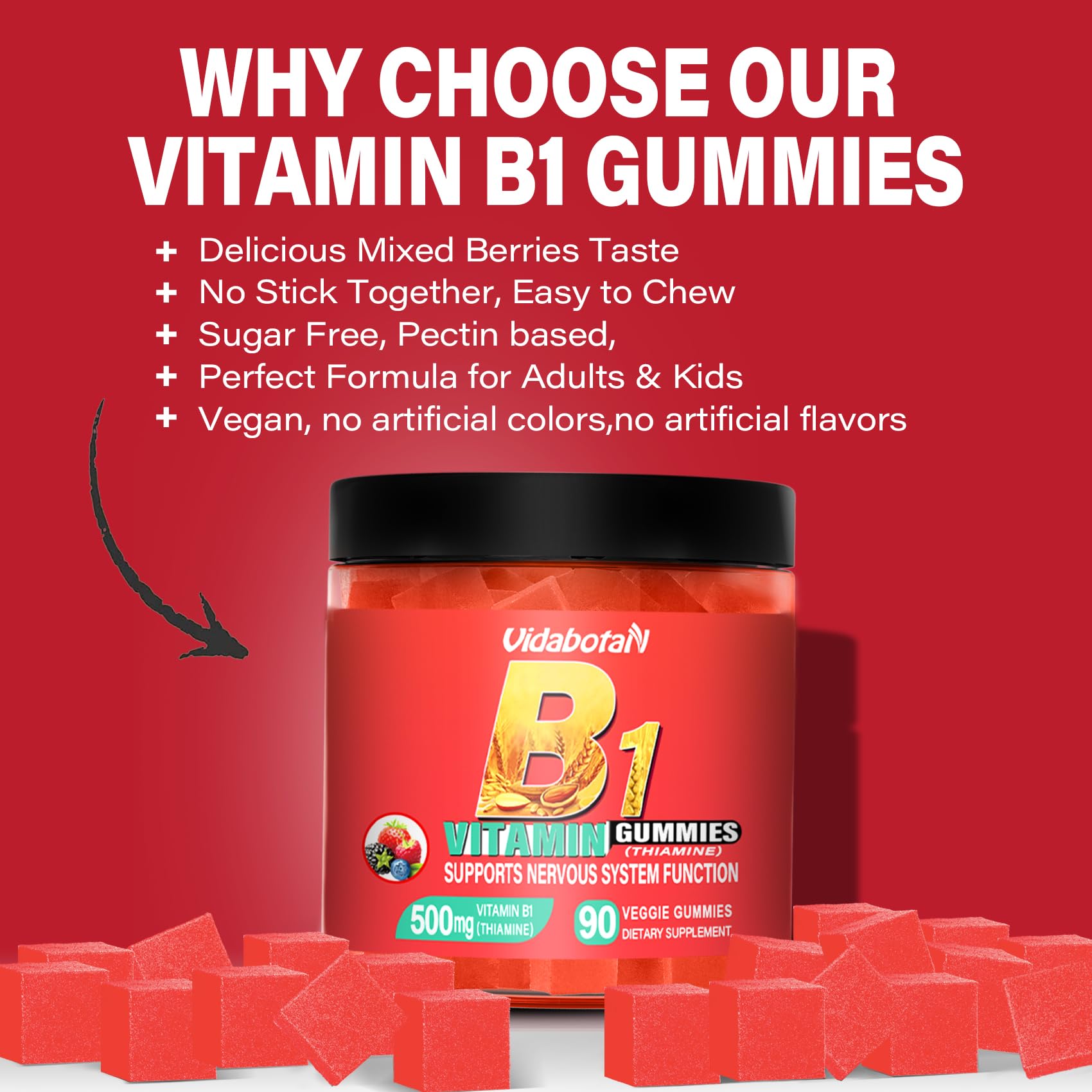 Sugar Free Vitamin B1 Gummies 500mg- Thiamine B1 Supplement for Adults ...