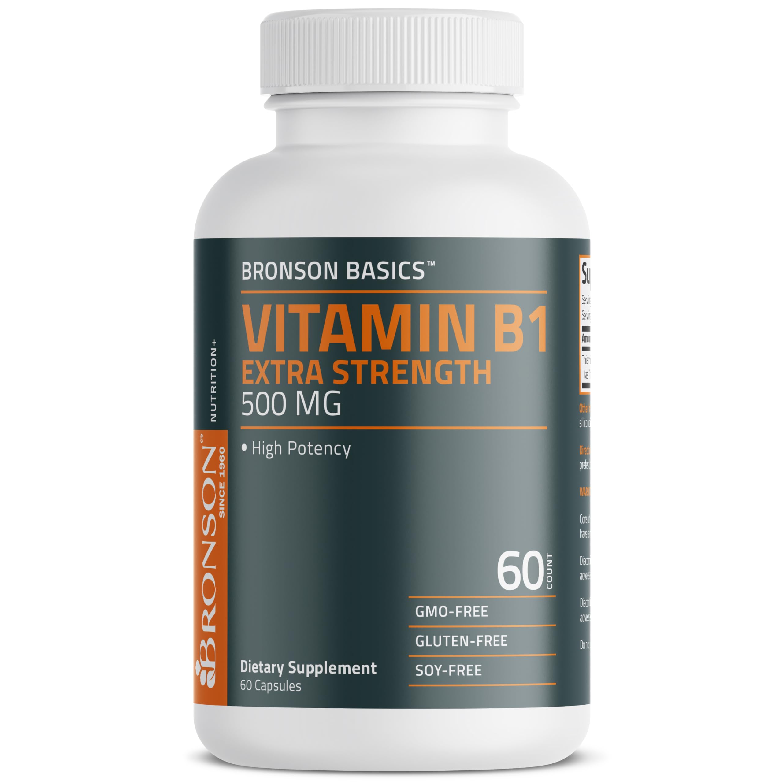 Bronson Vitamin B1 Extra Strength 500 MG High Potency Non-GMO, 60 ...