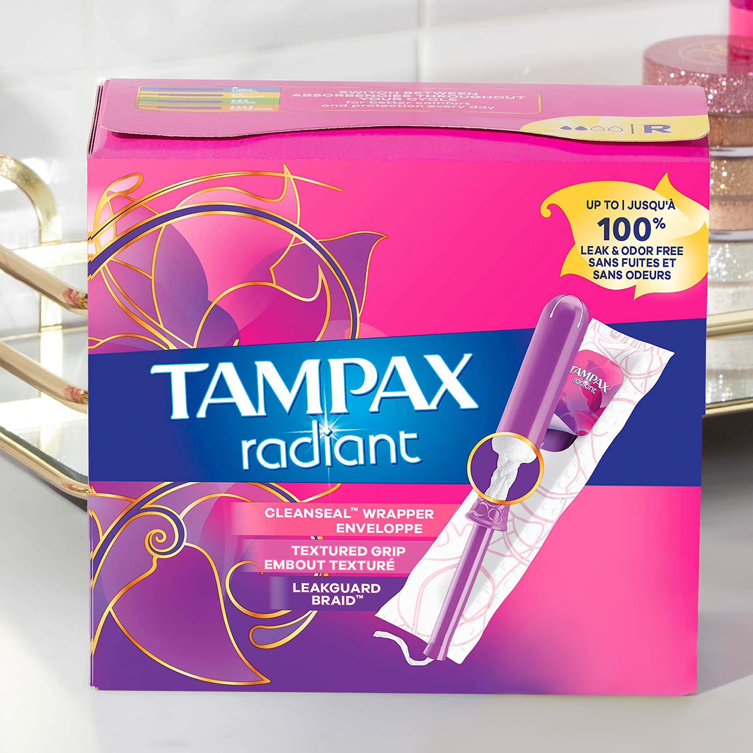 Tampax Radiant Tampons with LeakGuard Braid, Super Plus Absorbency ...