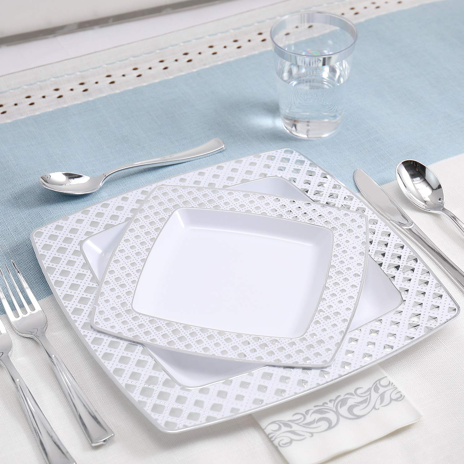FOCUSLINE 175 Piece Silver Dinnerware Set for 25 Guests- Square Plastic ...