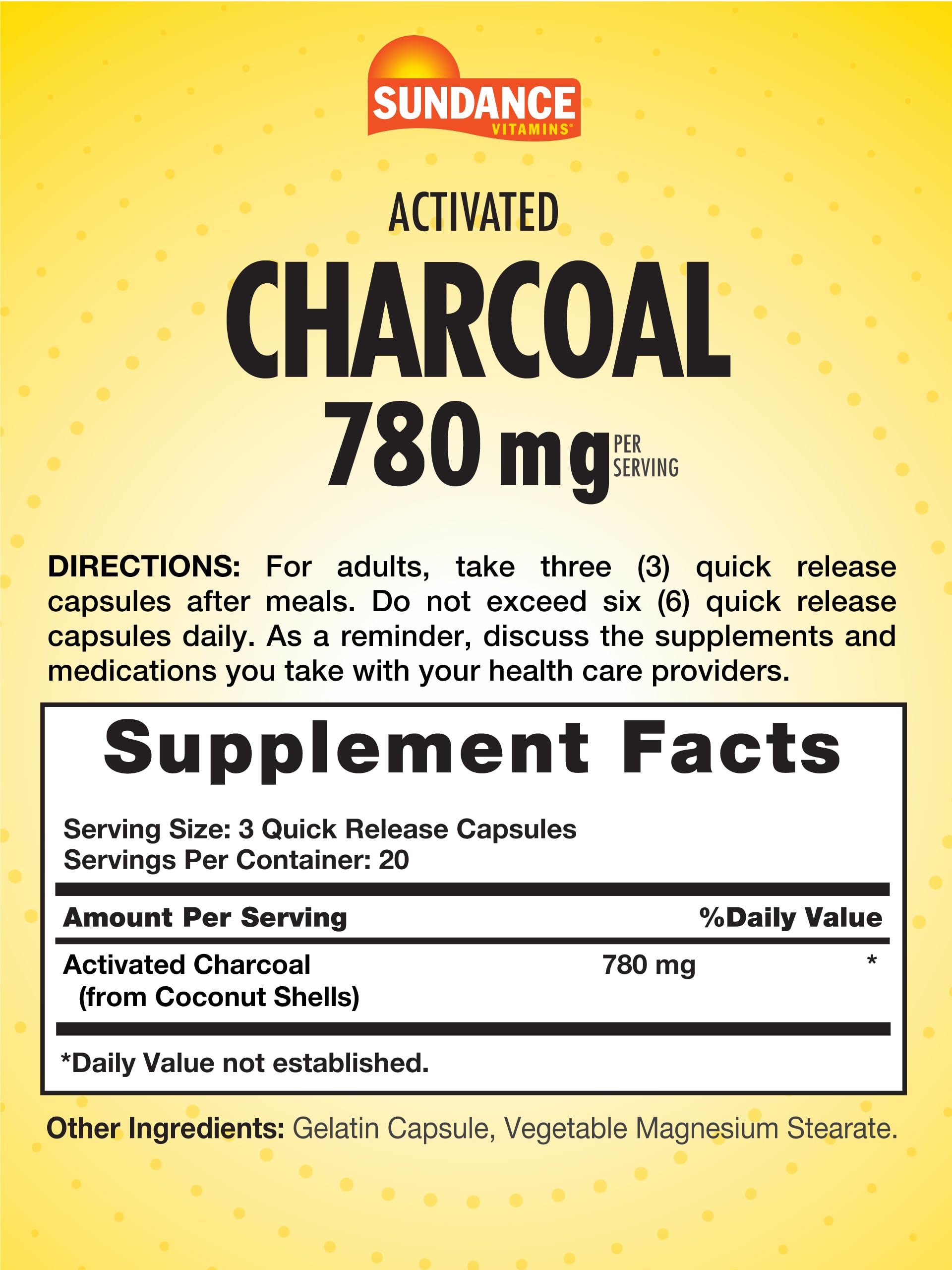 Sundance Activated Charcoal 780mg | 60 Quick Release Capsules ...