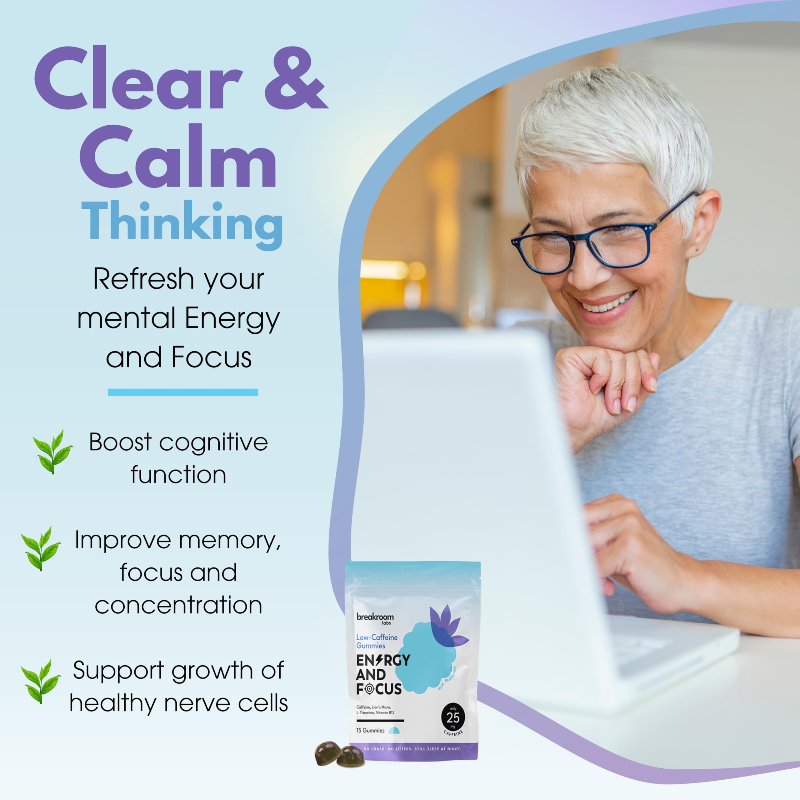 Energy and Focus Gummies – Low Caffeine 25mg w/L-Theanine, Lions Mane ...