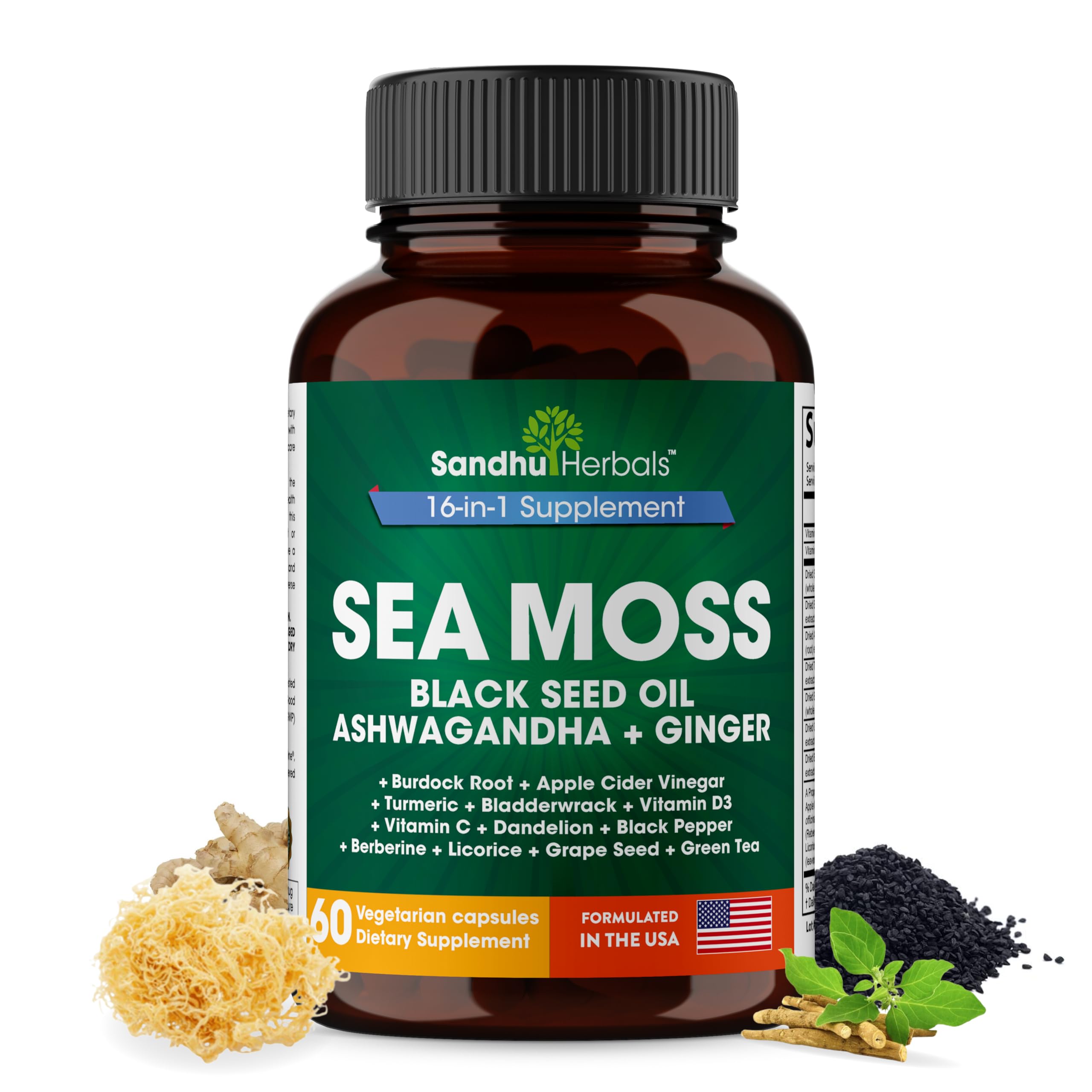 Sea Moss Capsules with Black Seed Oil Ashwagandha Ginger Burdock Root ...