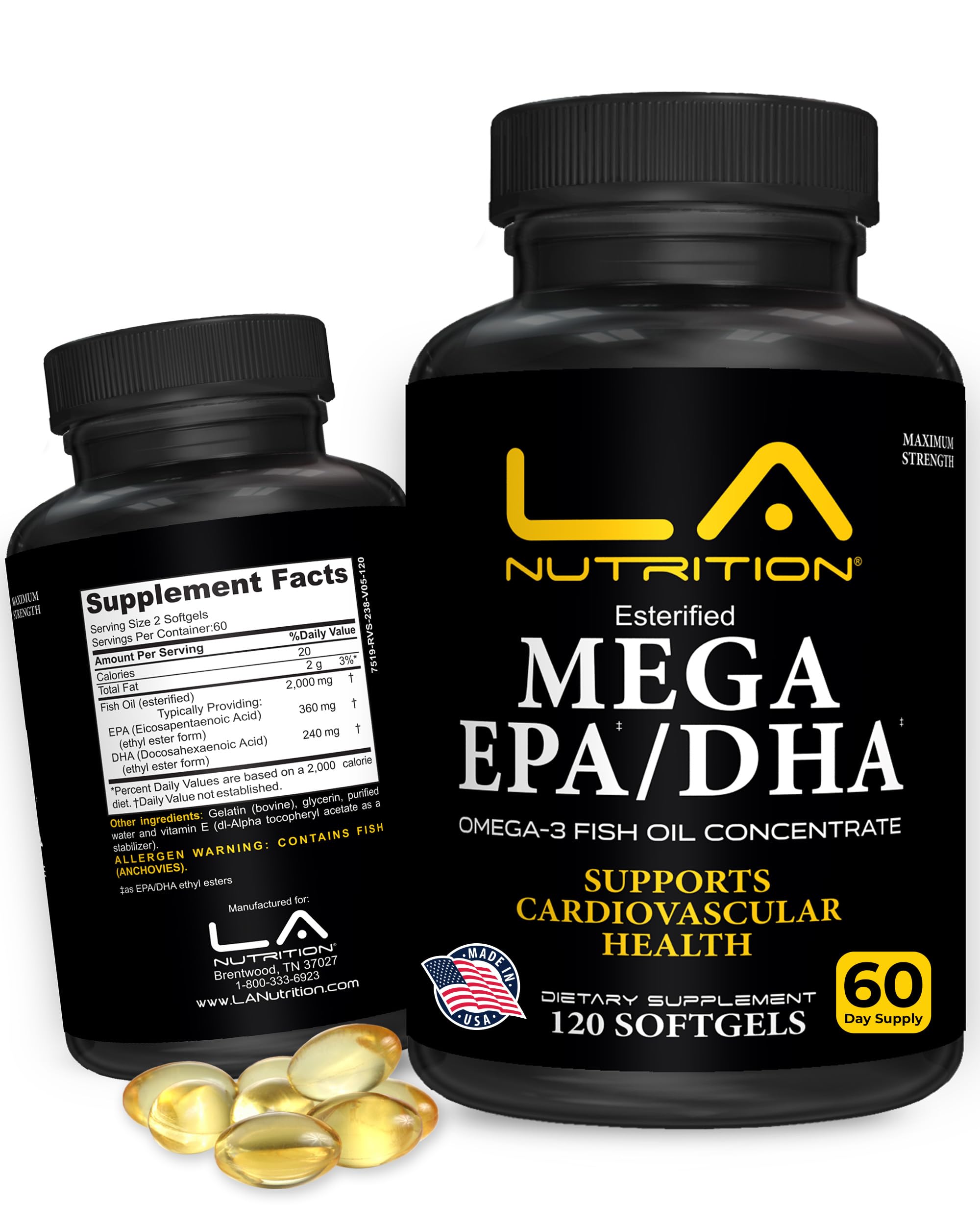 LA Nutrition Mega EPA/DHA Mega EPA DHA Omega 3 Supplement - 60-Day ...