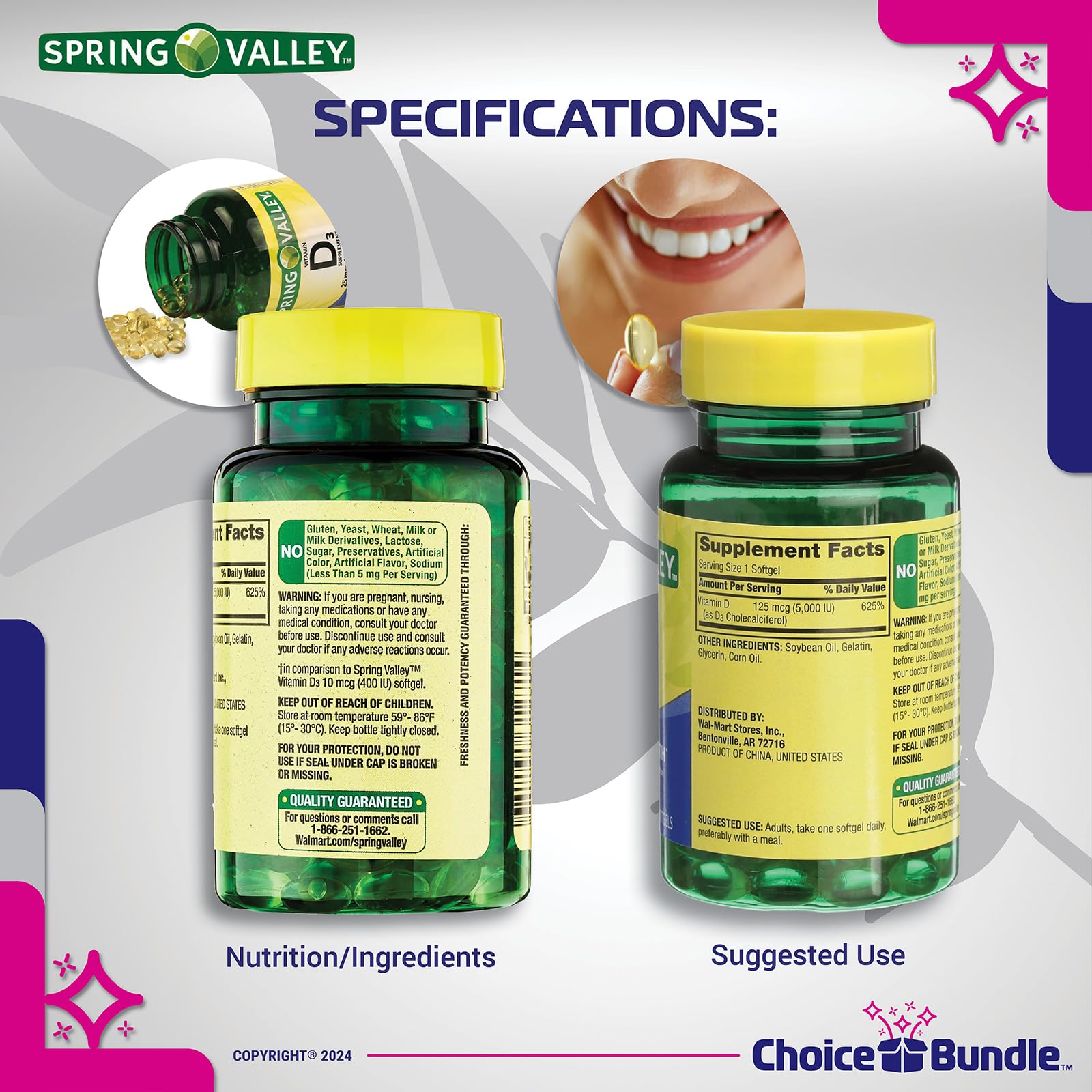 Spring Valley Vitamin D3 Softgels 125 mg 5000 IU 100 Ct 2 pk (200 Total ...