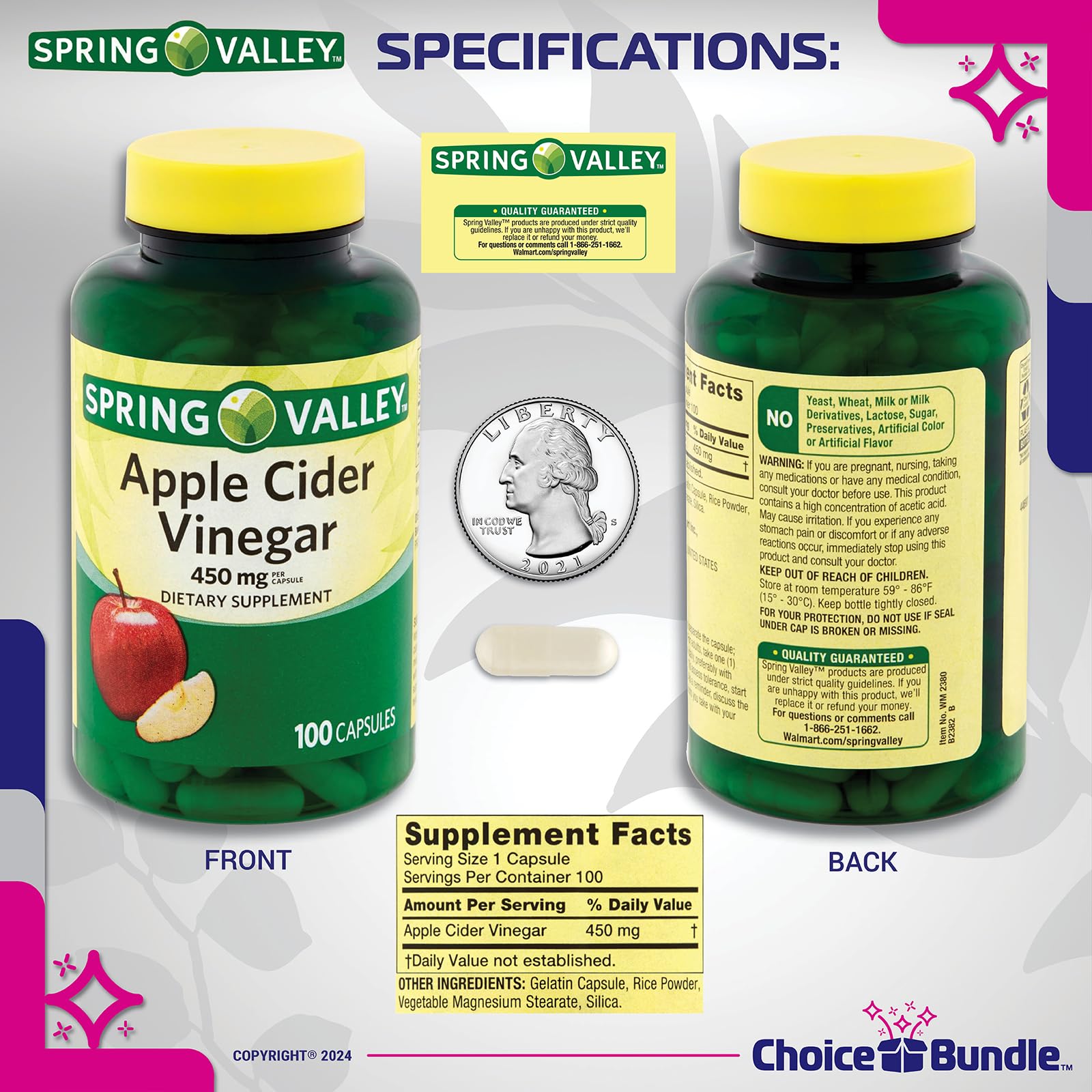 Spring Valley Apple Cider Vinegar Capsules 450 mg Dietary Supplement ...