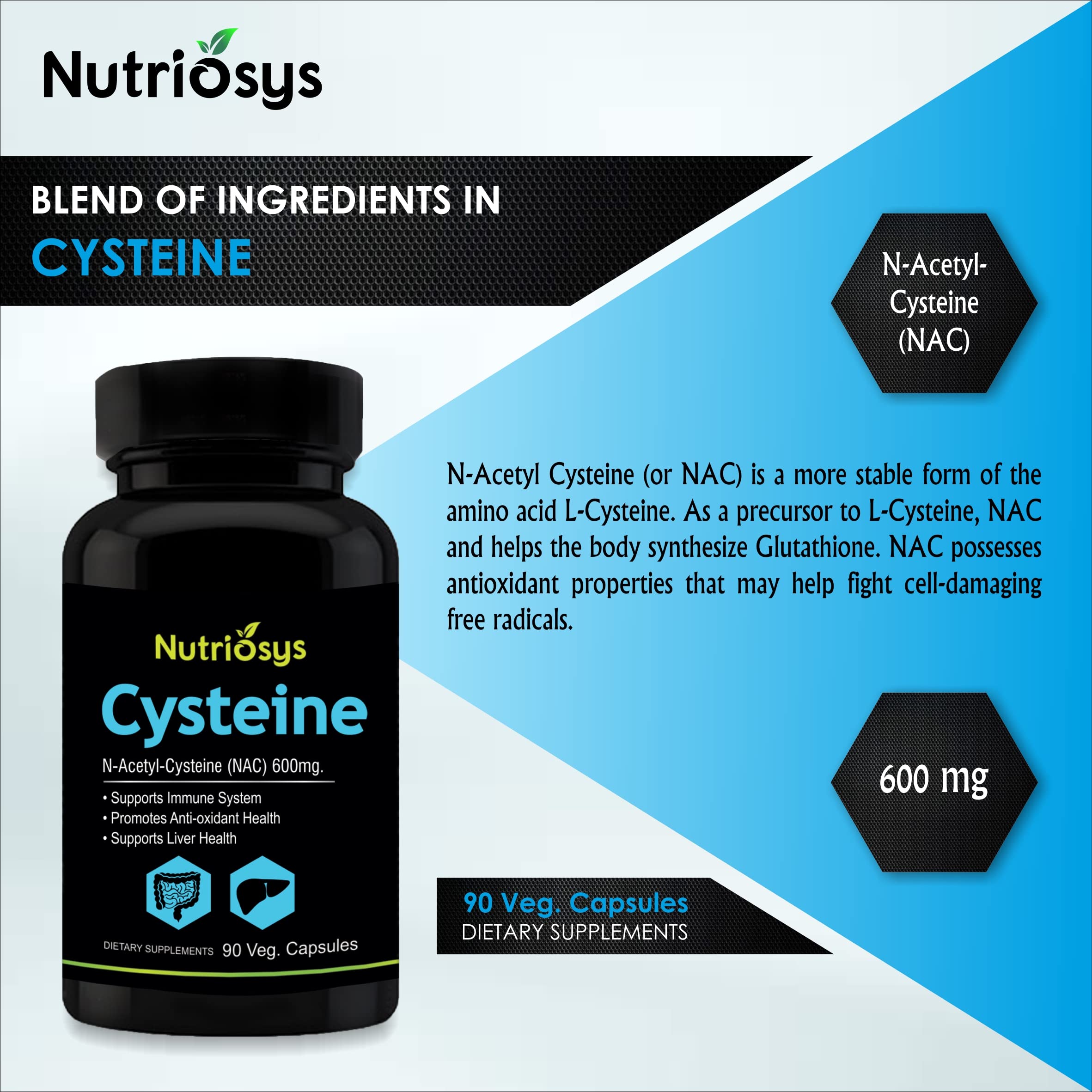 Cysteine 600mg (90 Veg Capsules), Supports Immune System - LifeIRL